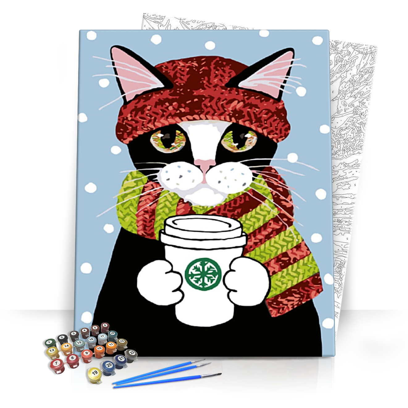 Macska Téli Kávéval - számfestő készlet – Számfestő Bolt